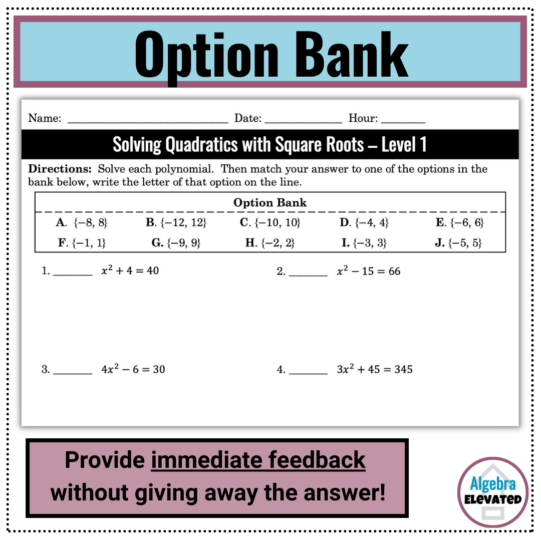 Solving Quadratics with Square Roots Worksheet Bundle | Made By Teachers