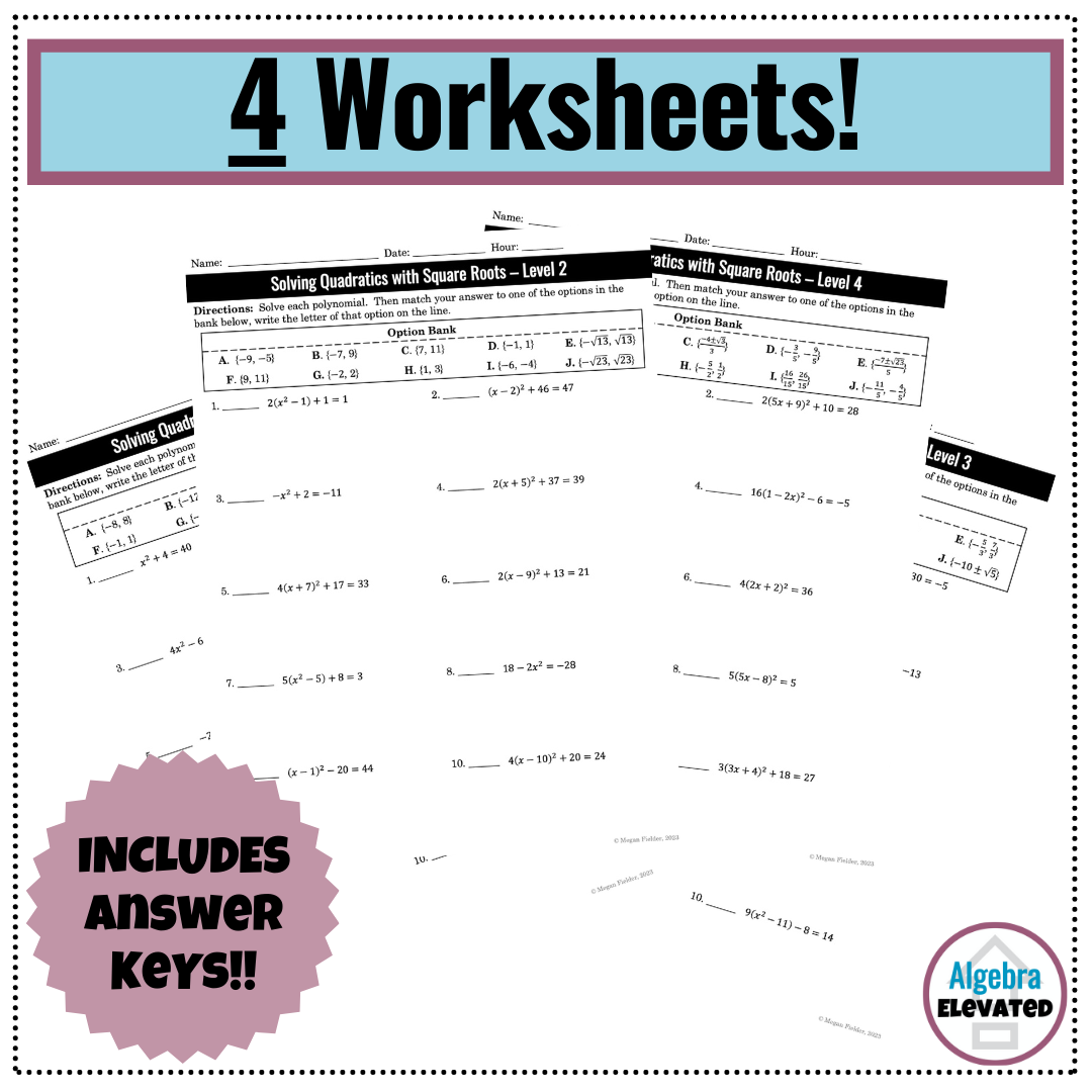 Solving Quadratics with Square Roots Worksheet Bundle | Made By Teachers