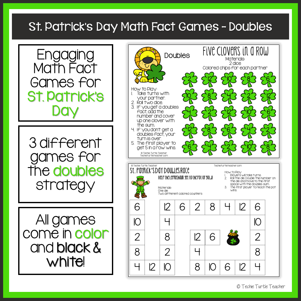 Addition Doubles Strategy St. Patrick's Day Math Fact Games: Partner ...