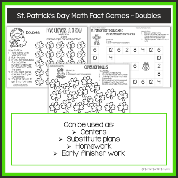 Addition Doubles Strategy St. Patrick's Day Math Fact Games: Partner ...