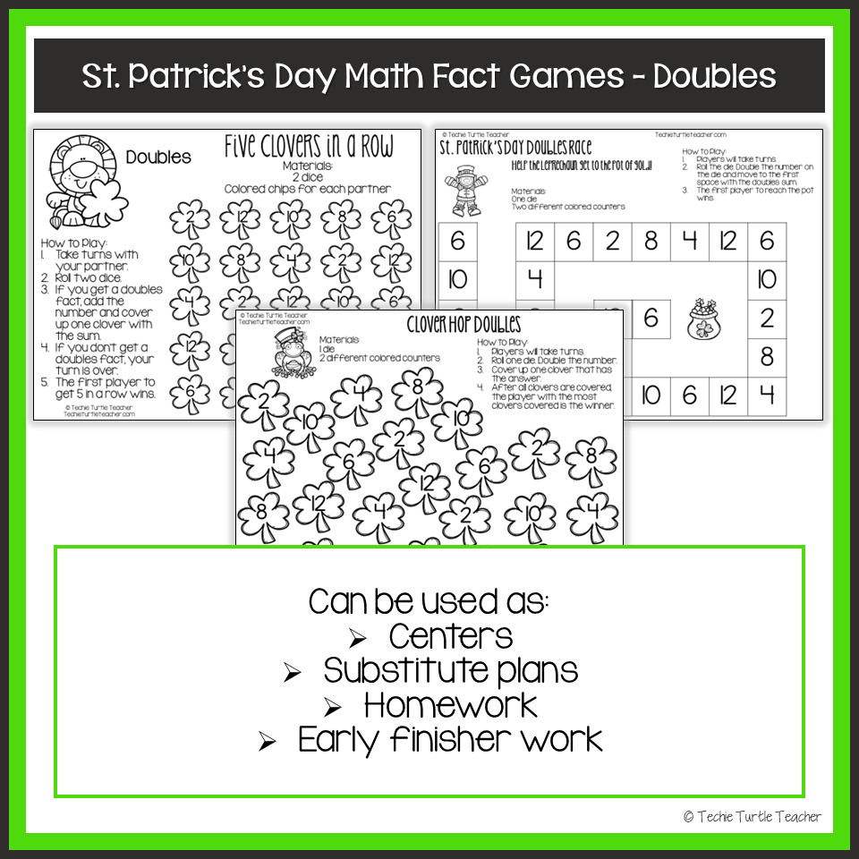 Addition Doubles Strategy St. Patrick's Day Math Fact Games: Partner ...
