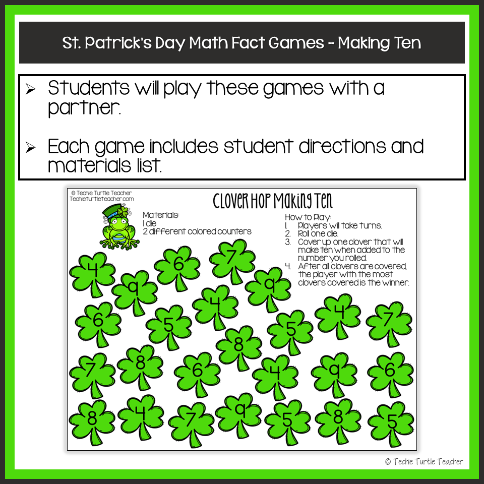 Addition Making Ten Strategy St. Patrick's Day Math Fact Games: Partner ...