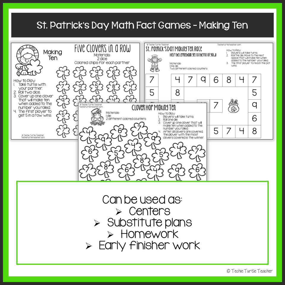 Addition Making Ten Strategy St. Patrick's Day Math Fact Games: Partner ...
