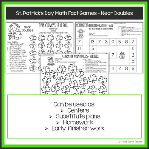 St Patrick's Day Addition Near Doubles Strategy Math Fact Games ...