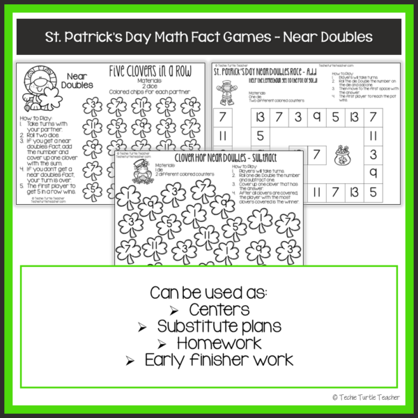 Addition Near Doubles Strategy St Patrick's Day Math Fact Games ...