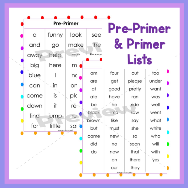 Sight Word Lists | High Frequency Words PrePrimer 1st 2nd 3rd 4th 5th ...