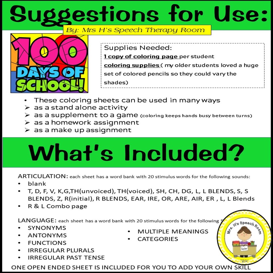 100th Day of School Speech Therapy Color By Code No Prep Activity ...