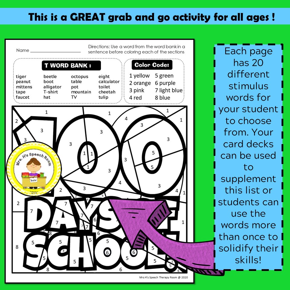 100th Day of School Speech Therapy Color By Code No Prep Activity ...
