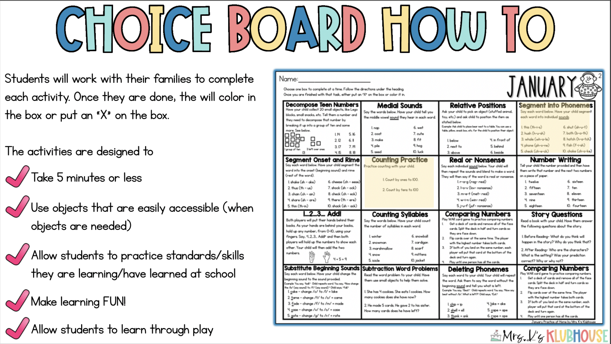 January Practice at Home Choice Boards for Kindergarten | Made By Teachers