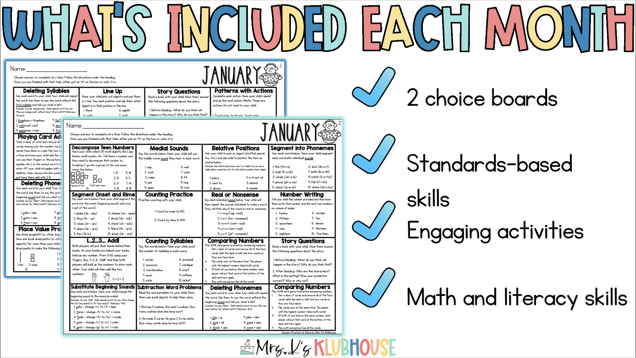 January Practice at Home Choice Boards for Kindergarten | Made By Teachers