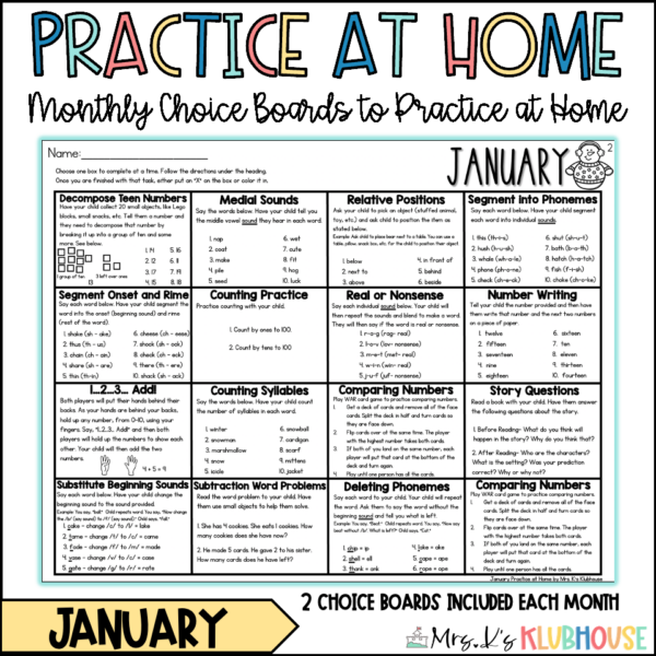January Practice at Home Choice Boards for Kindergarten | Made By Teachers
