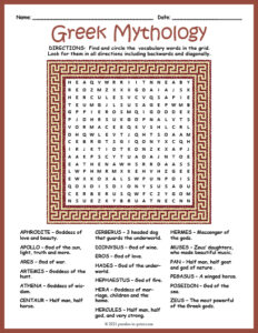 GREEK MYTHOLOGY - Gods & Goddesses Word Search Puzzle Worksheet ...