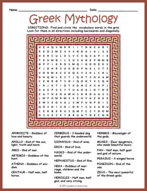 GREEK MYTHOLOGY - Gods & Goddesses Word Search Puzzle Worksheet ...