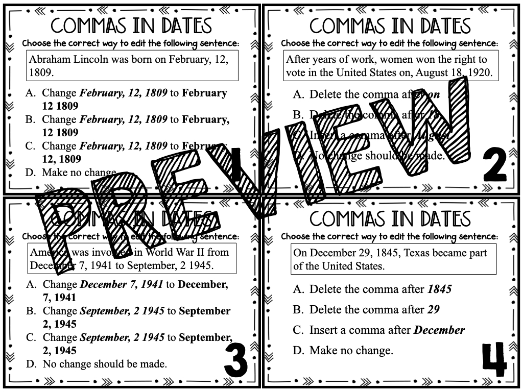 Commas in Dates: Skill-Specific Revising and Editing Task Cards | Made ...
