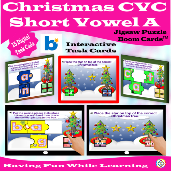 Christmas CVC Short Vowel A Jigsaw Puzzle Boom Cards | Made By Teachers