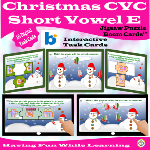 Christmas CVC Short Vowel E Jigsaw Puzzle Boom Cards - Made By Teachers