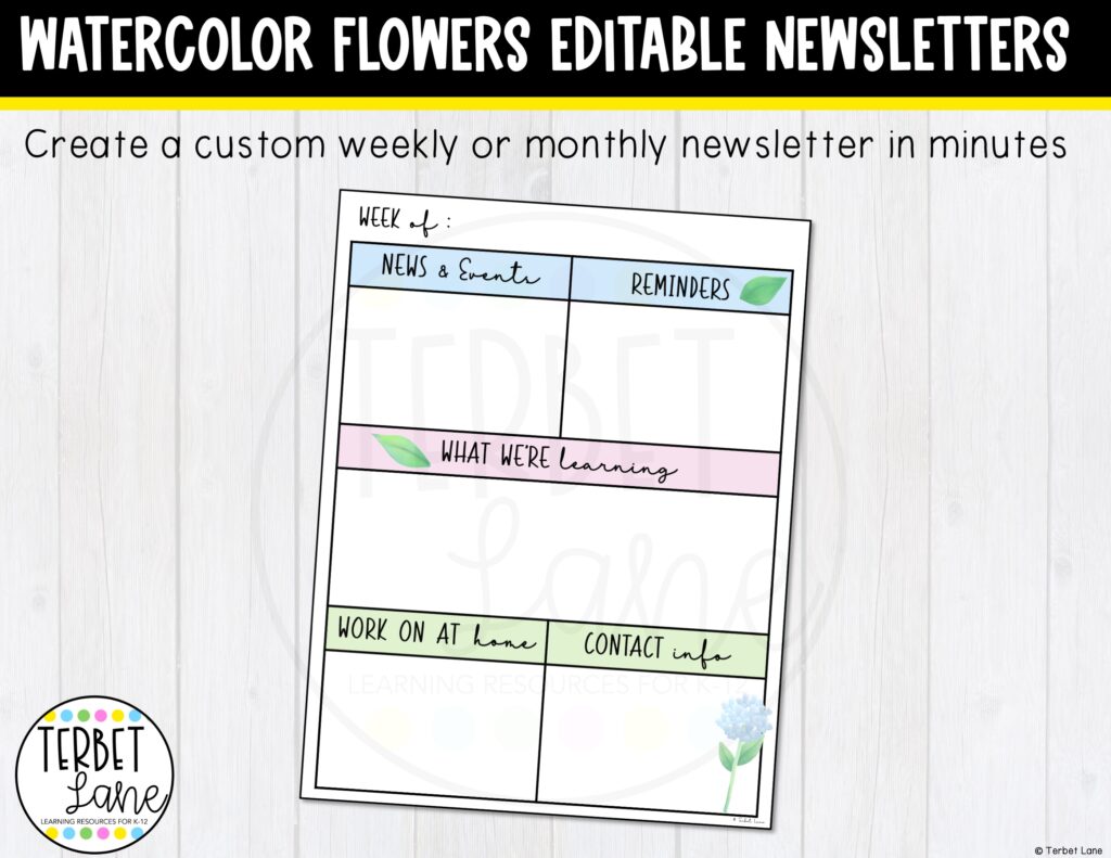 Editable Watercolor Flowers Monthly Weekly Newsletter Templates | Made ...