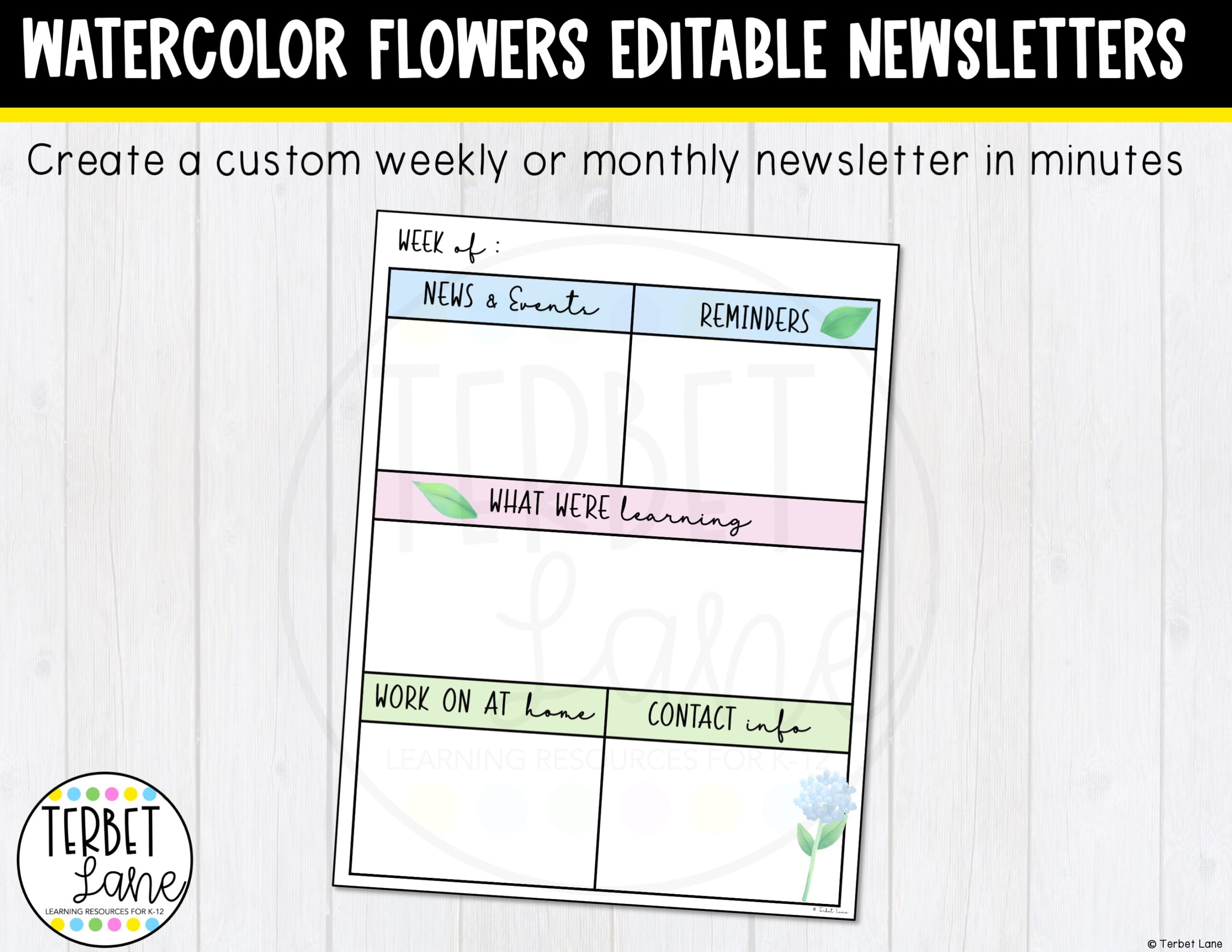 Editable Watercolor Flowers Monthly Weekly Newsletter Templates | Made ...