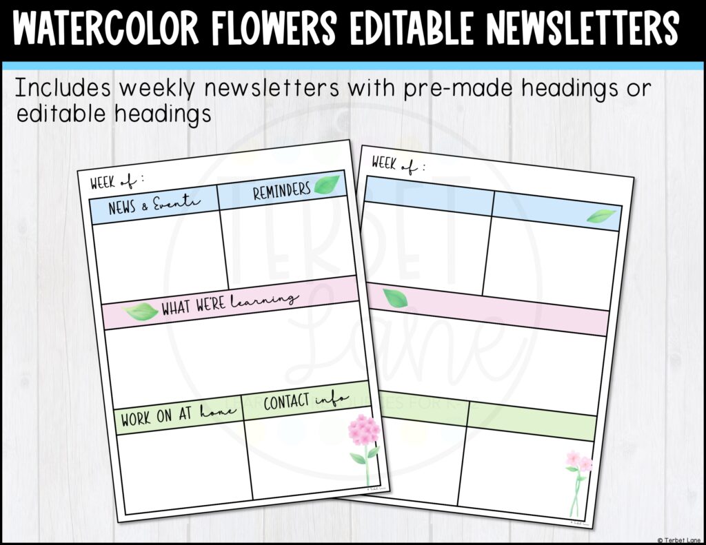 Editable Watercolor Flowers Monthly Weekly Newsletter Templates | Made ...