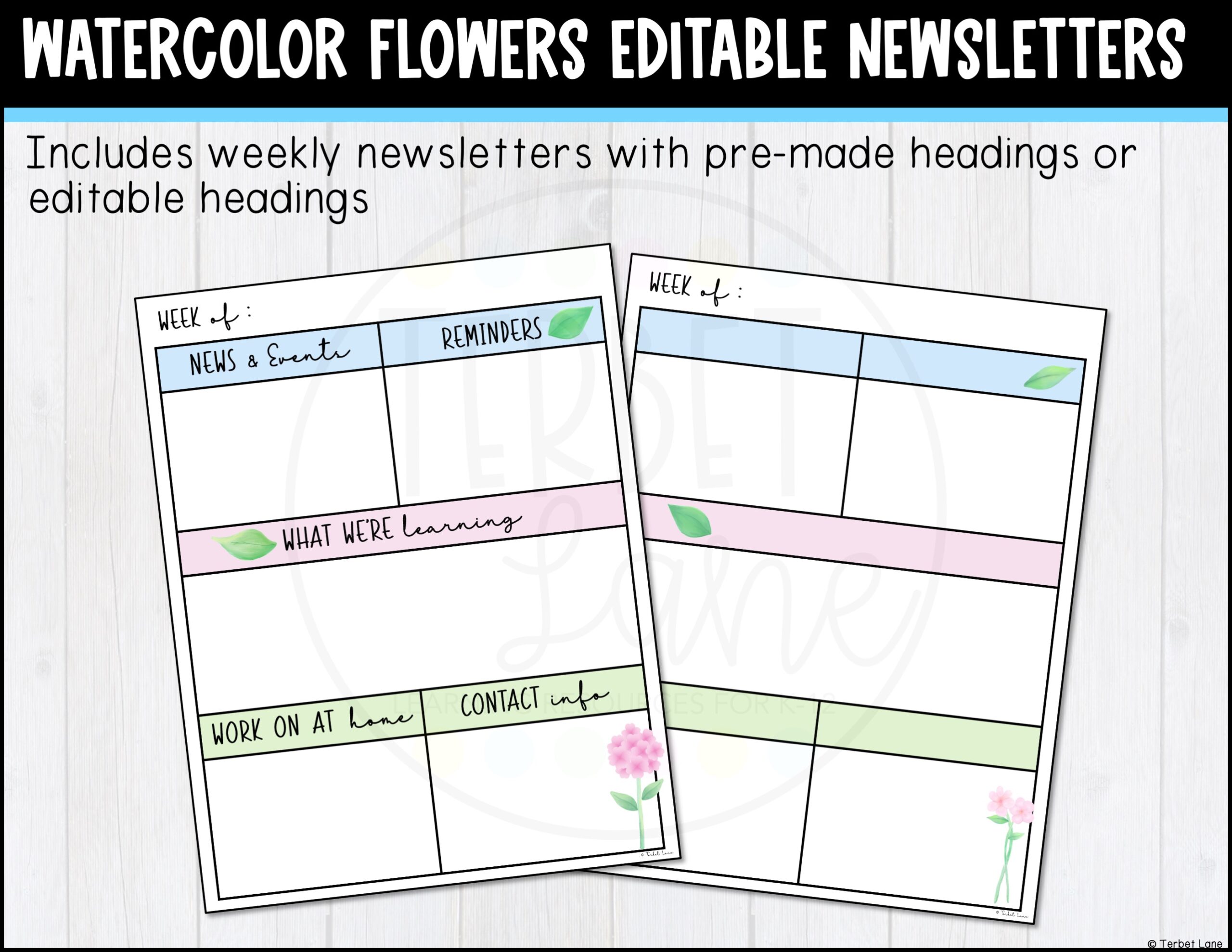 Editable Watercolor Flowers Monthly Weekly Newsletter Templates | Made ...