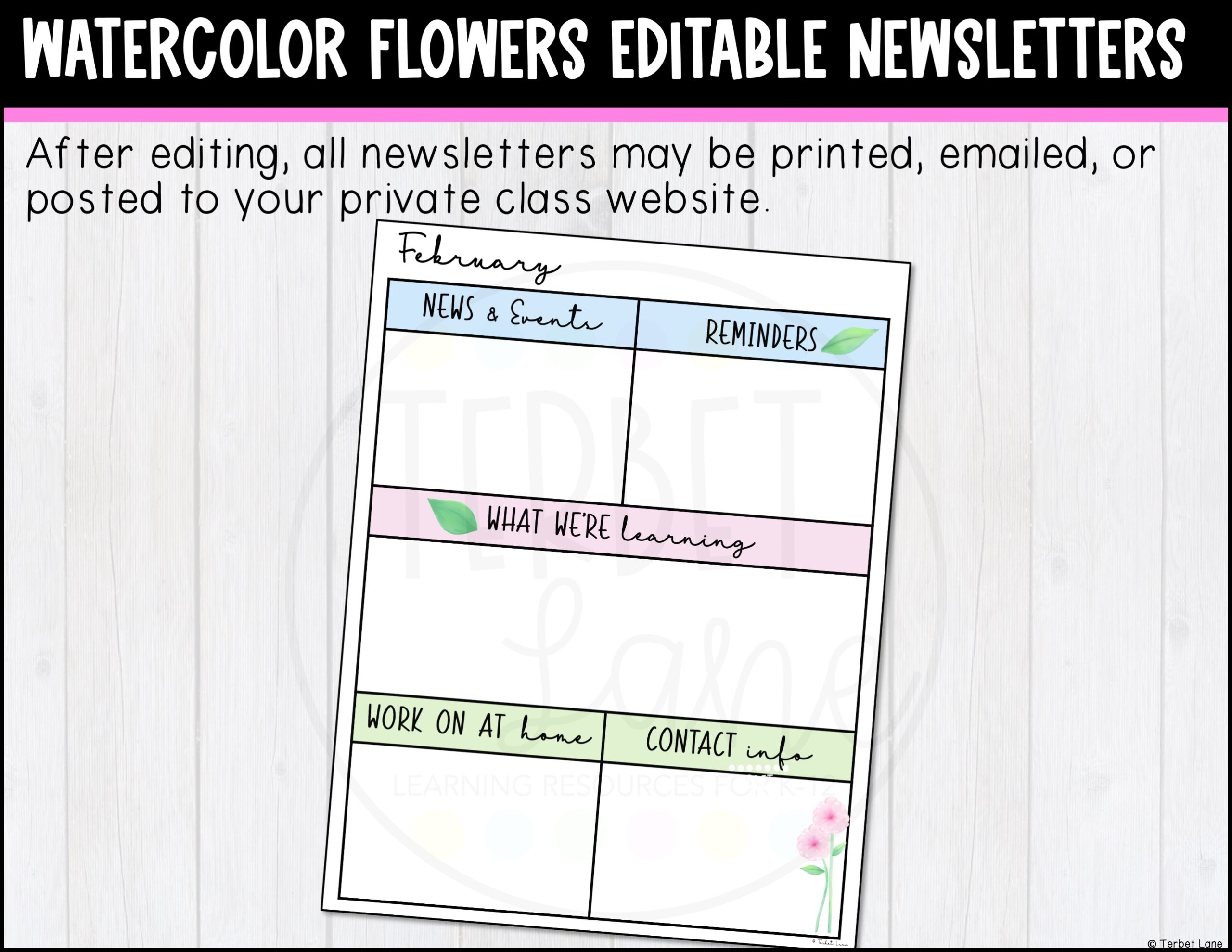 Editable Watercolor Flowers Monthly Weekly Newsletter Templates | Made ...