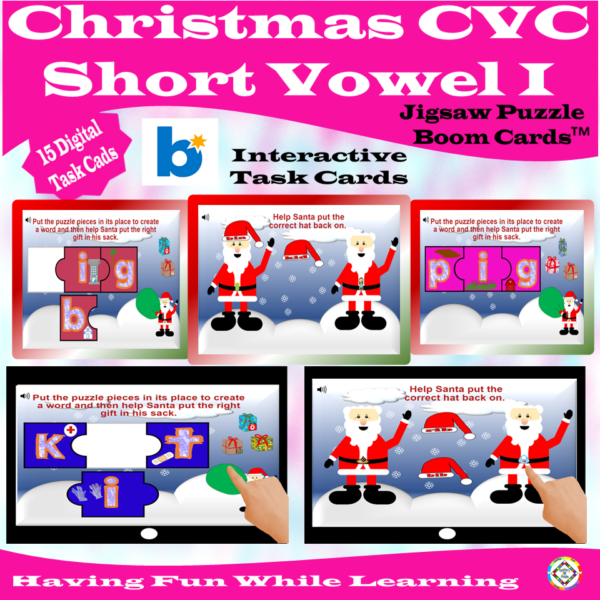 Christmas CVC Short Vowel I Jigsaw Puzzle Boom Cards | Made By Teachers