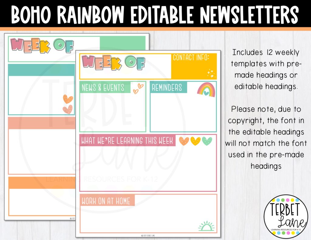 Editable Boho Rainbow Classroom Decor Monthly Weekly Newsletter ...