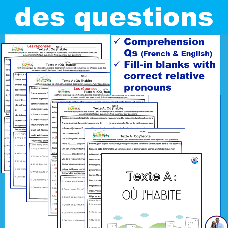 French Relative Pronouns Reading Comprehension & Questions les pronoms ...