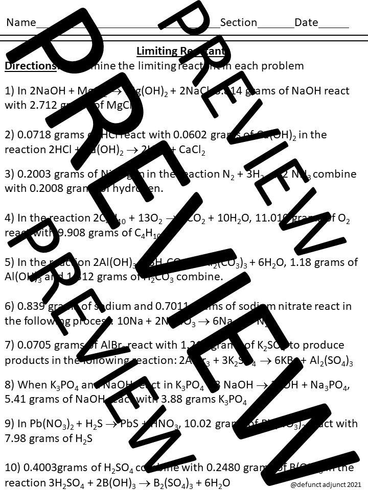 Limiting Reactant Stoichiometry: A Chemistry Worksheet | Made By Teachers