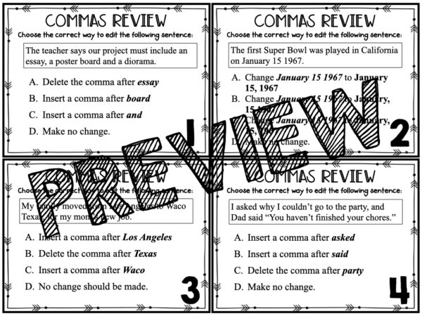 Commas Review: Skill-Specific Revising and Editing Task Cards | Made By ...