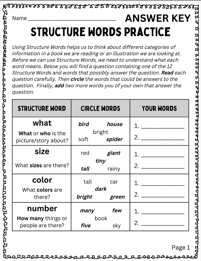 Visualize & Verbalize Structure Word Practice Activity for Reading ...