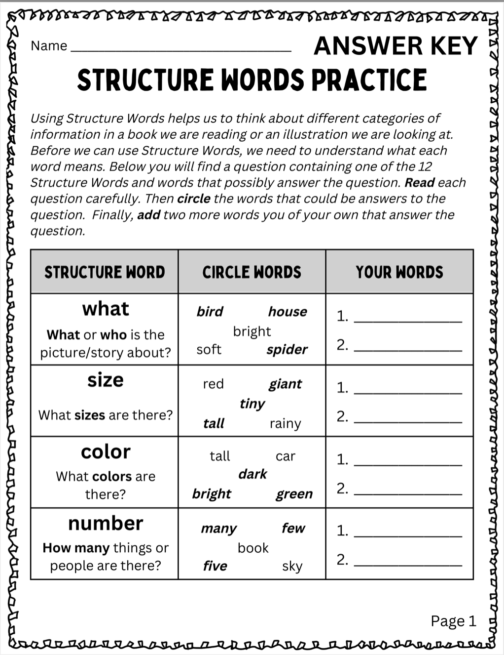 Visualize & Verbalize Structure Word Practice Activity for Reading ...