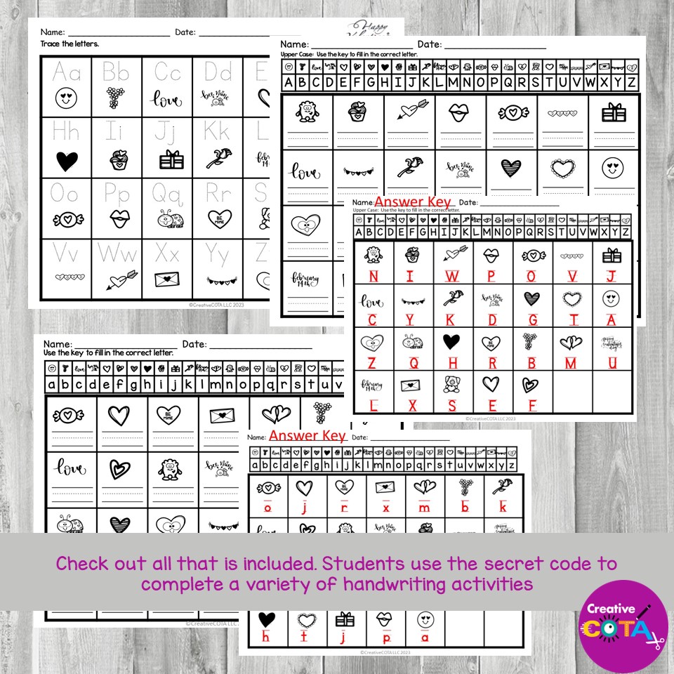 Valentine's Day Handwriting Secret Code Worksheets and Cryptogram ...