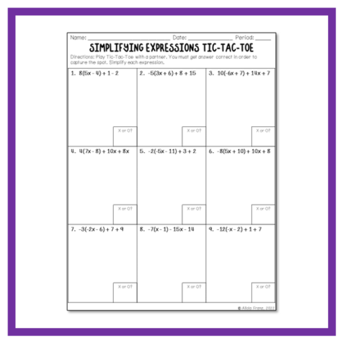 Simplifying Expressions Activity Tic Tac Toe Worksheets | Made By Teachers
