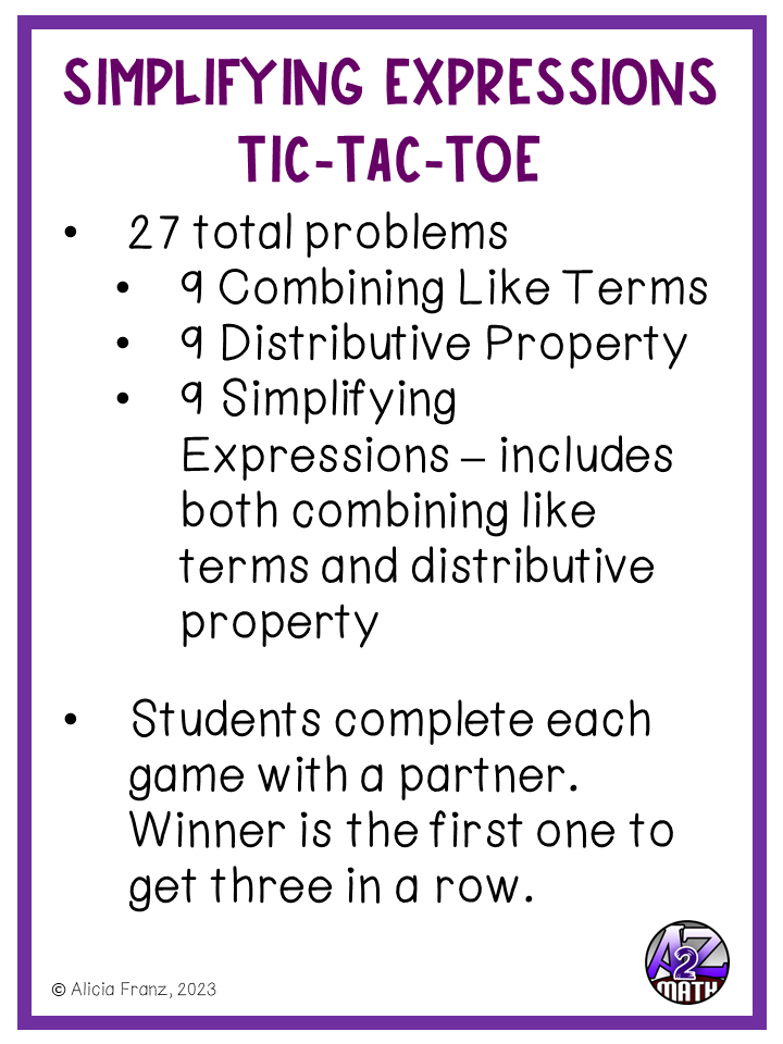 Simplifying Expressions Activity Tic Tac Toe Worksheets | Made By Teachers