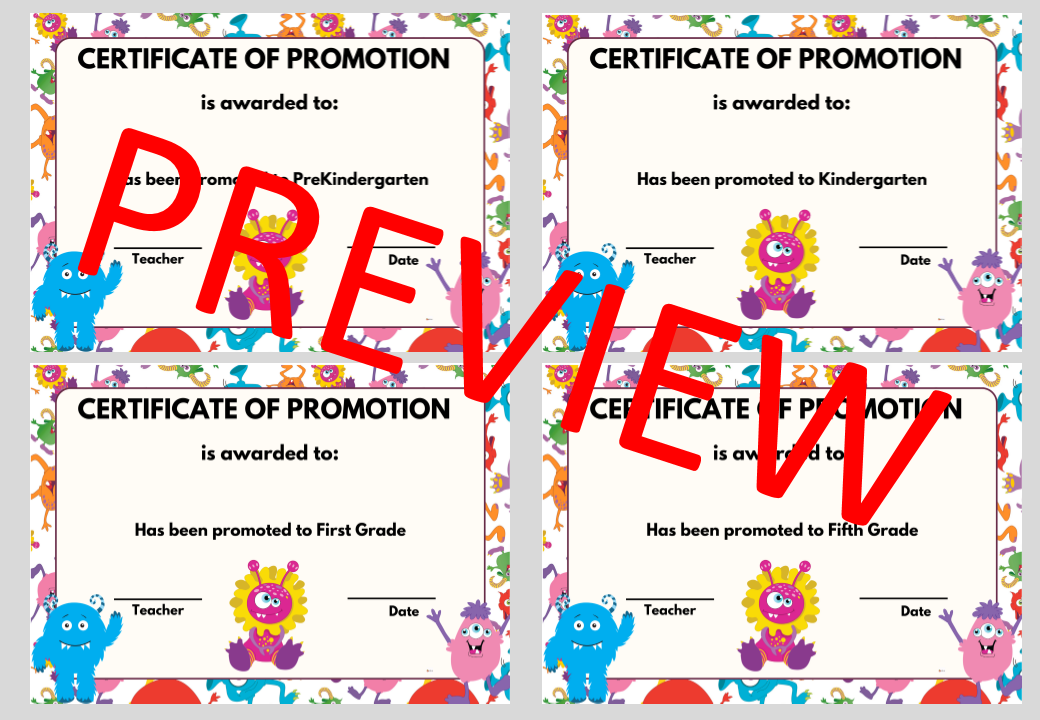 Editable Certificate of Promotion Monster Theme Awards | Made By Teachers