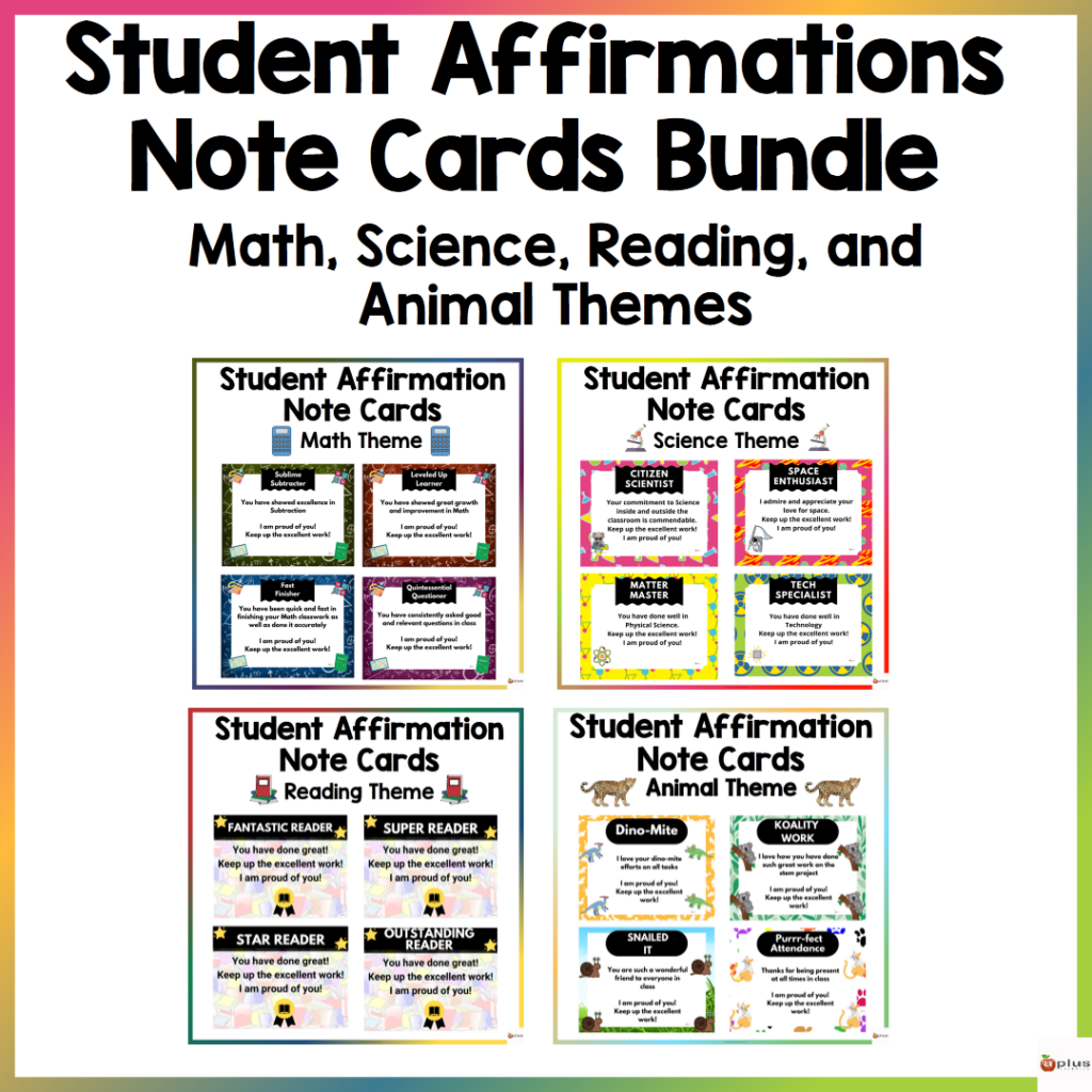 Student Affirmation Notecards Math, Science, Reading, and Animal Themes ...
