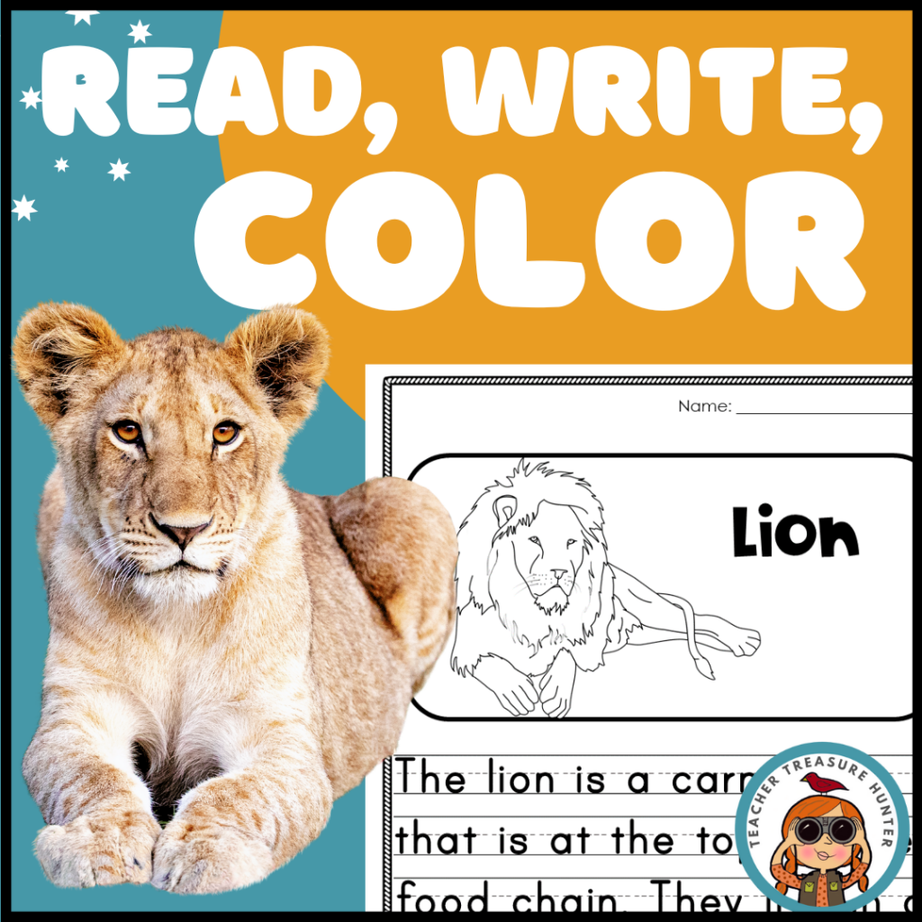 LION African Animal reading and writing activity READ WRITE COLOR ...