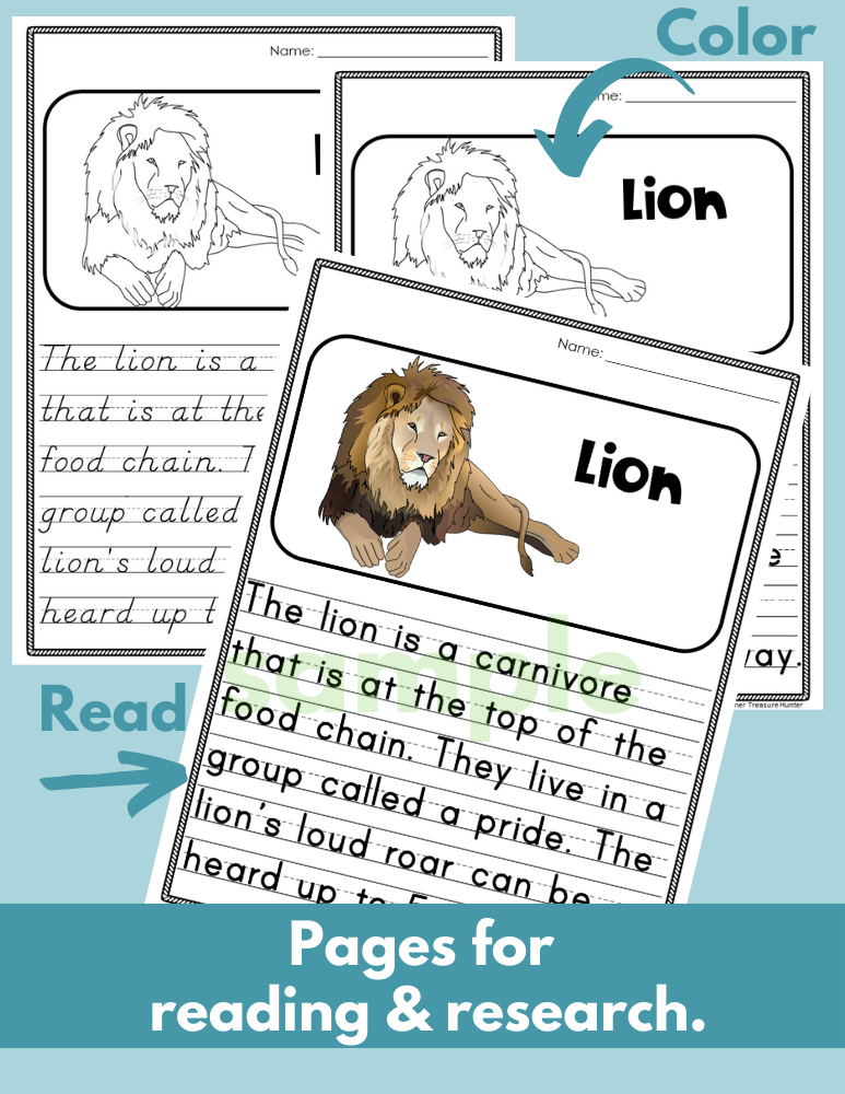 LION African Animal reading and writing activity READ WRITE COLOR ...