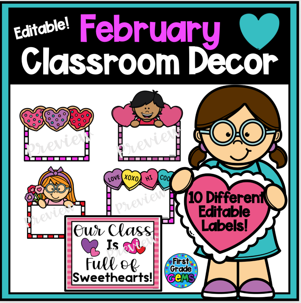 February Decor Bulletin Board Editable Name Tags | Made By Teachers