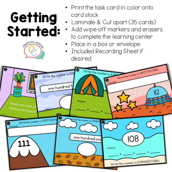 Place Value 100 to 120 – Hundreds Tens & Ones Task Cards and Worksheets ...