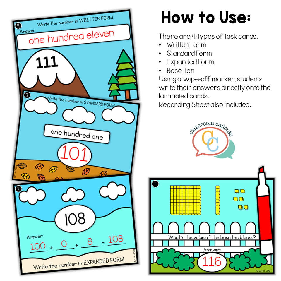 Place Value 100 to 120 – Hundreds Tens & Ones Task Cards and Worksheets ...