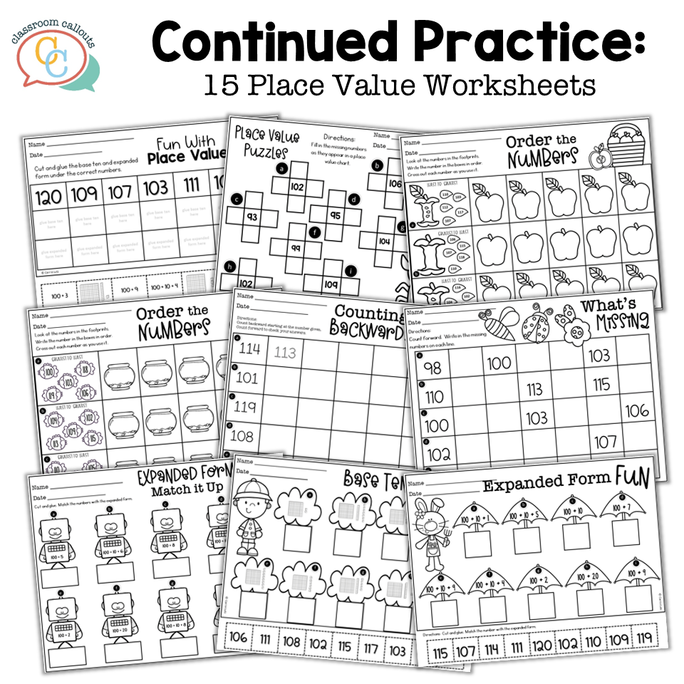 Place Value 100 to 120 – Hundreds Tens & Ones Task Cards and Worksheets ...