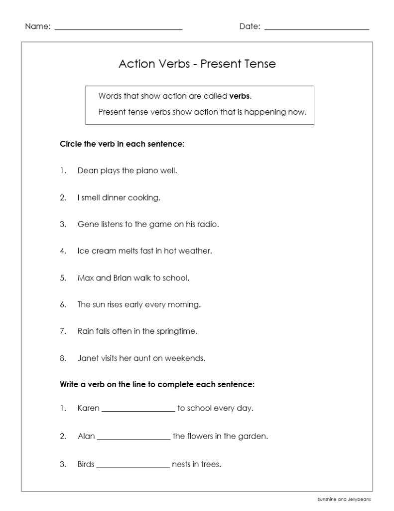 Action Verbs - Present and Past Tense - 3 worksheets - Grades 1-2 ...