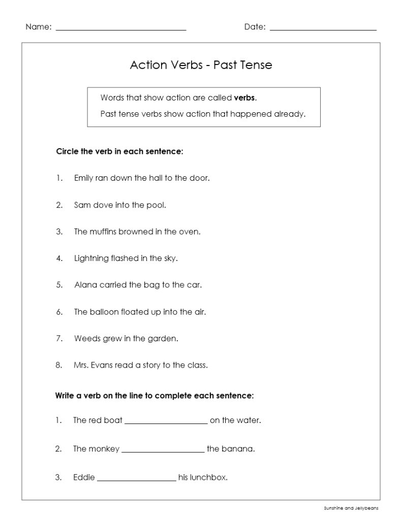 Action Verbs - Present and Past Tense - 3 worksheets - Grades 1-2 ...