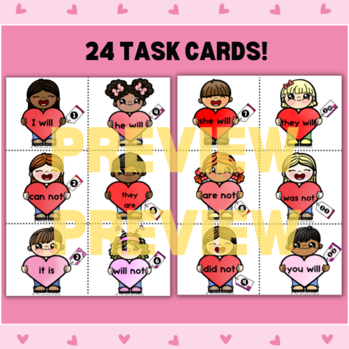 Contractions Practice Task Cards | Valentine's Day Theme | Made By Teachers