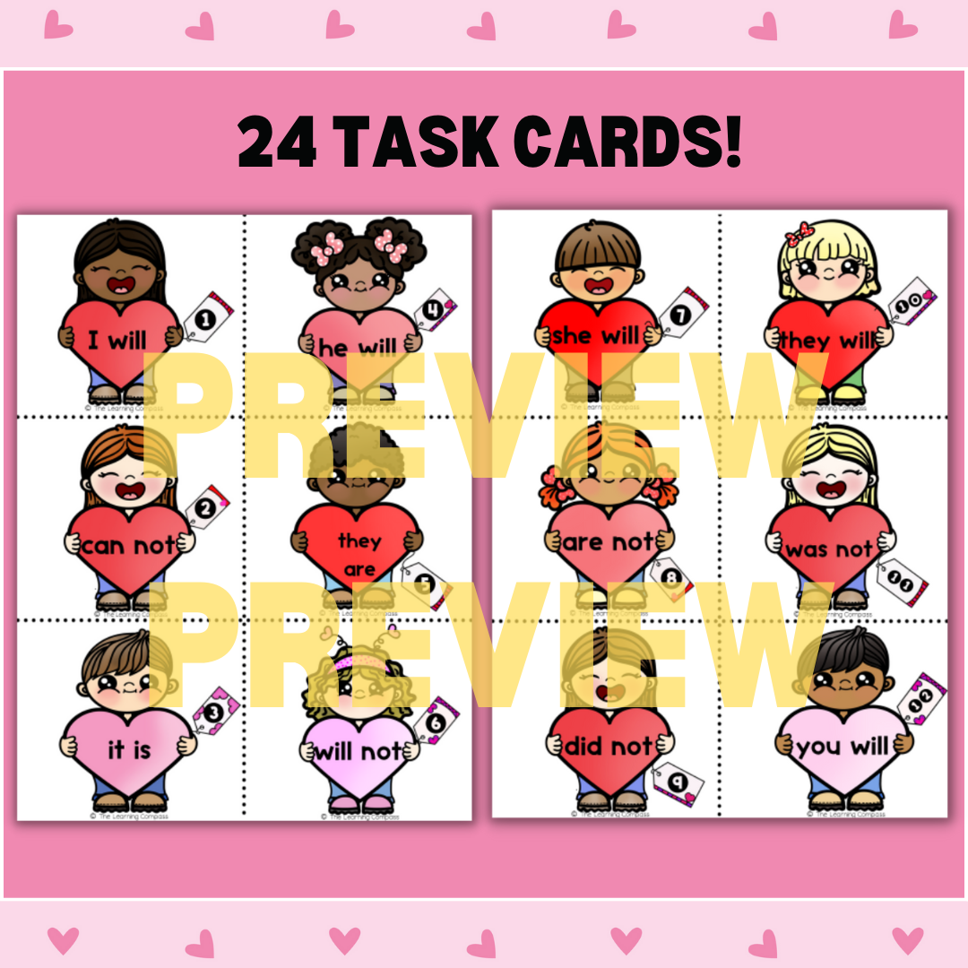 Contractions Practice Task Cards | Valentine's Day Theme | Made By Teachers