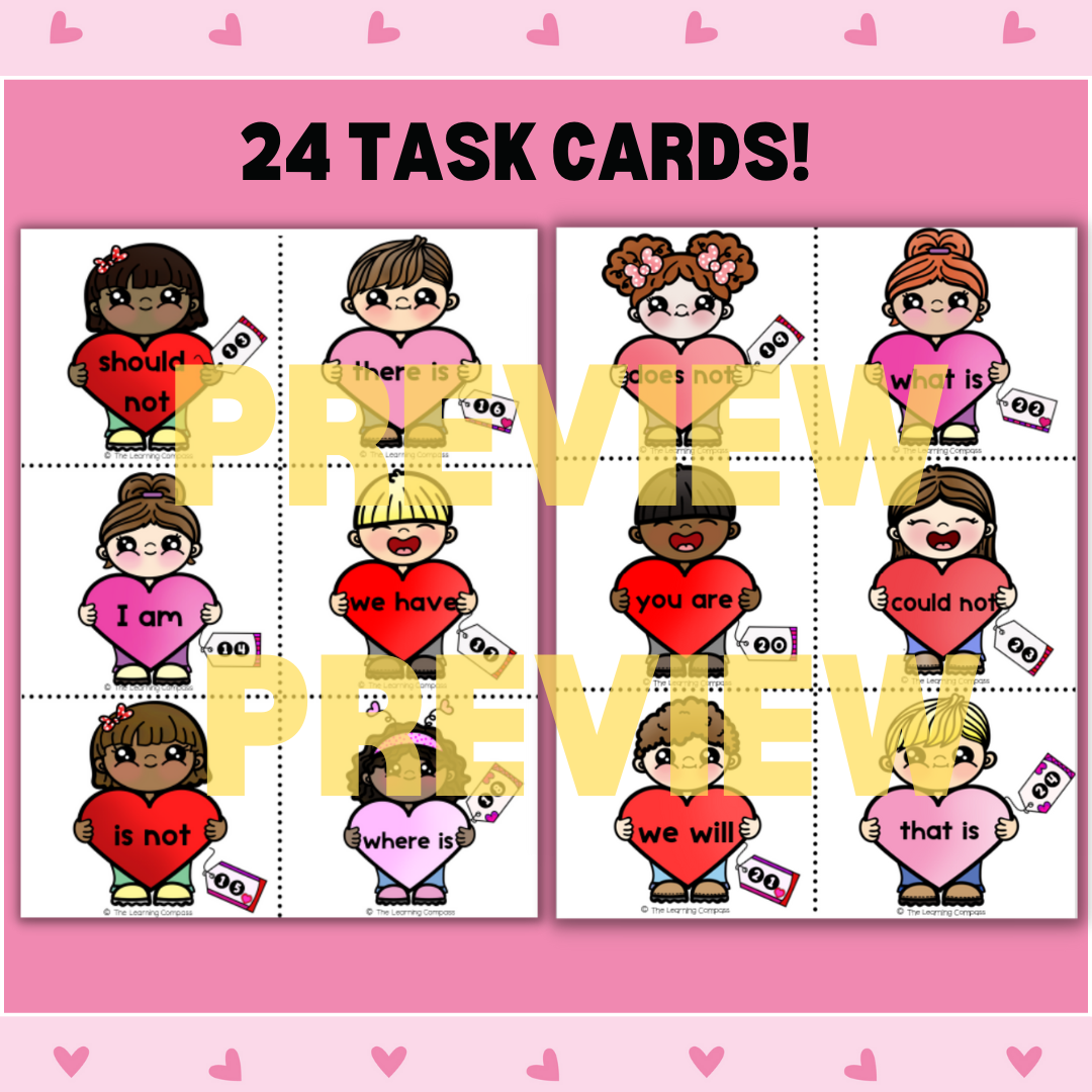 Contractions Practice Task Cards | Valentine's Day Theme | Made By Teachers