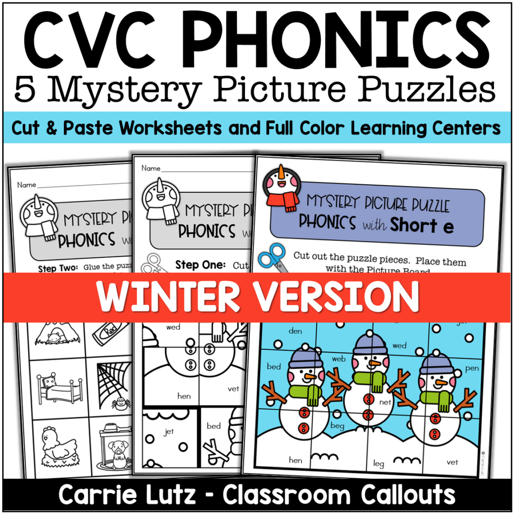 Winter Phonics Activity CVC Mystery Picture Puzzles Centers Cut & Paste ...