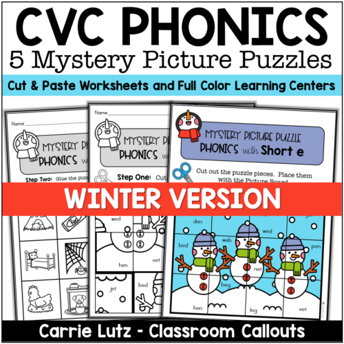 Winter Phonics Activity CVC Mystery Picture Puzzles Centers Cut & Paste ...